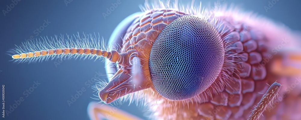 A close-up 3D view of the Culicoides mosquitos compound eyes, focusing ...