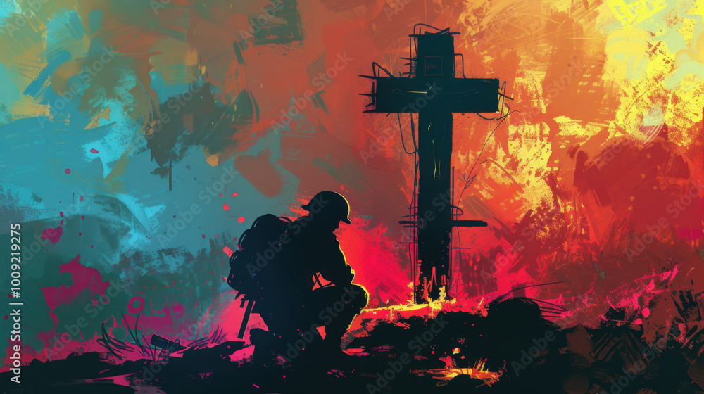 A soldier kneeling in front of a cross, praying for fallen soldiers ...