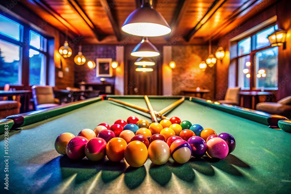 Elegant billiard table with colorful balls and cues in a well-lit game ...