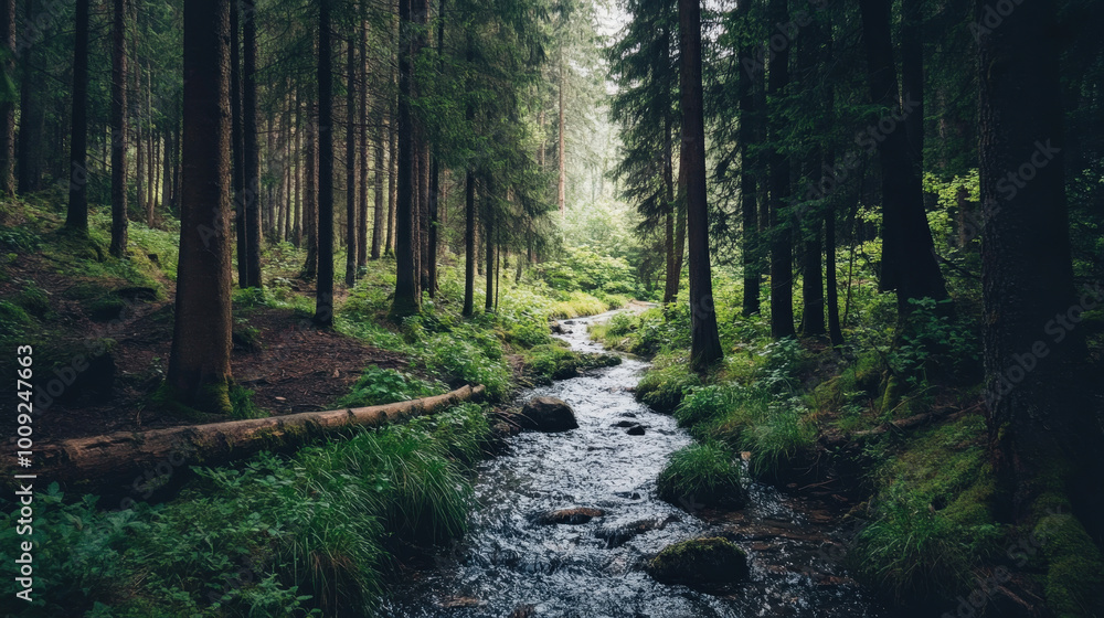 A peaceful stream flows through a lush forest, surrounded by green ...