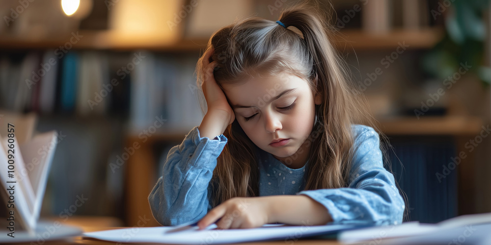 Sad little girl sitting in front of a dish and refusing to eat ...