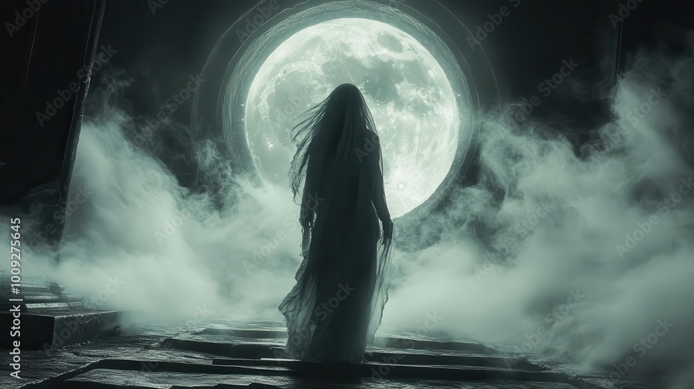 sinister zombie nun emerging from a crypt under the full moon enveloped ...