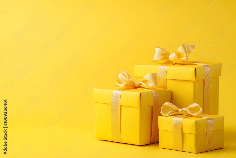yellow gift box of present with ribbon and bow, surprise packaging ...