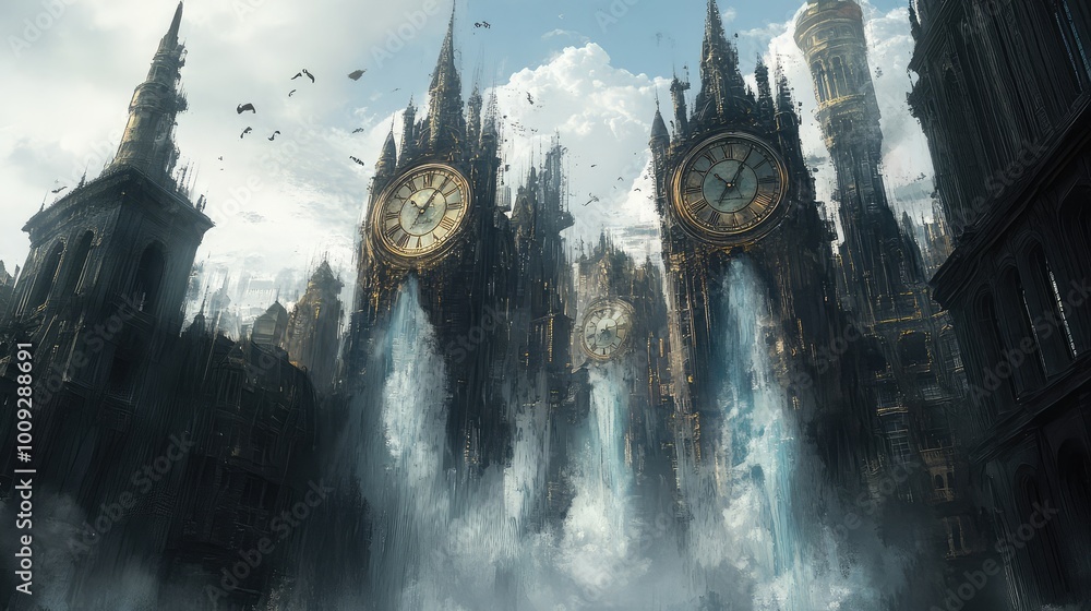 Clock towers melt into liquid forms in a city, their faces flowing and ...