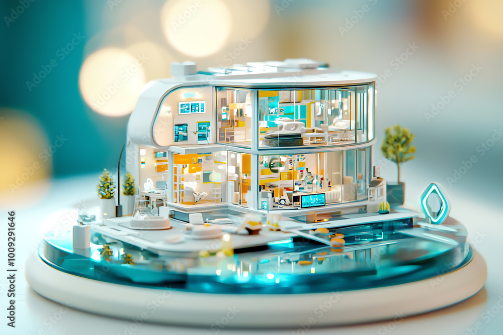Miniature house with futuristic architecture, set in a neonlit ...