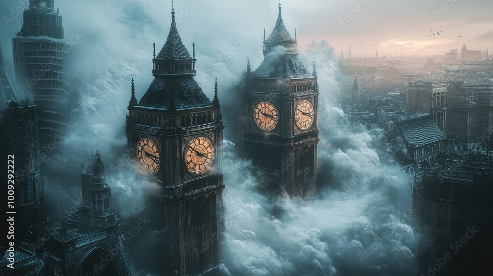 Melting clock towers in a city slowly dissolve into fluid forms, with ...