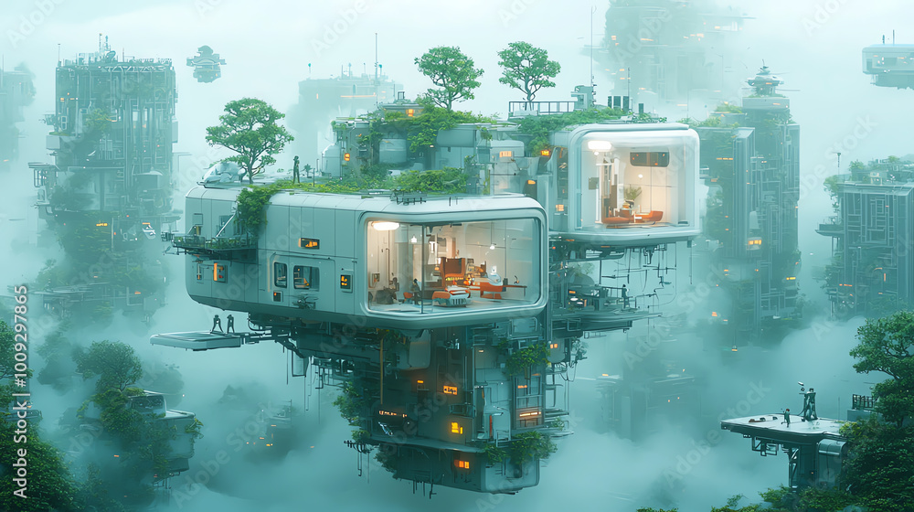 Compact futuristic house with ultramodern architecture, floating between the towering structures ...