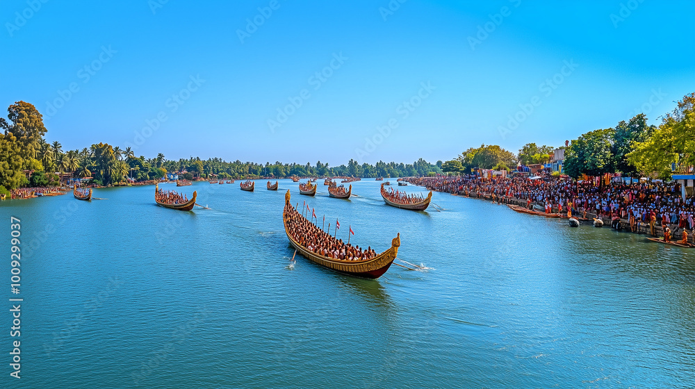 Aranmula Vallasadya Festival under the bright blue sky, gold decorated ...