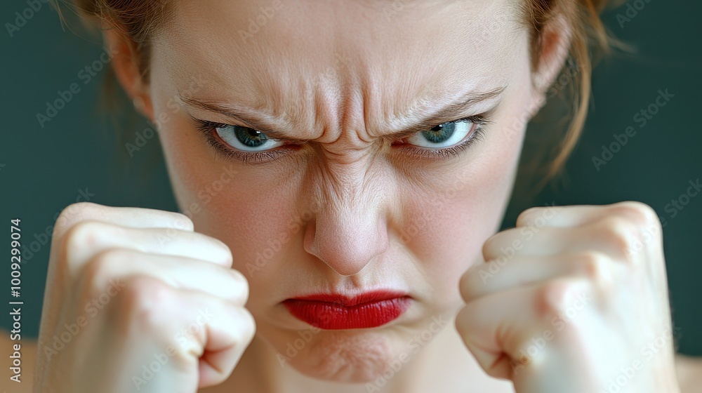 Angry woman with clenched fists and fierce expression, isolated on a ...