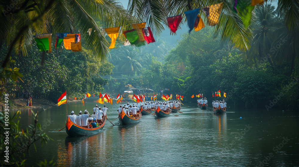 Aranmula Vallasadhya festival in Kerala, traditional snake boats lined up on the Pamba river ...