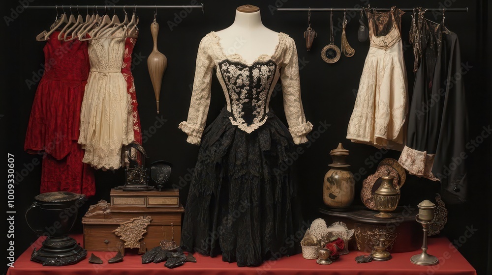 A display of intricate props essential for a theater acting scene ...