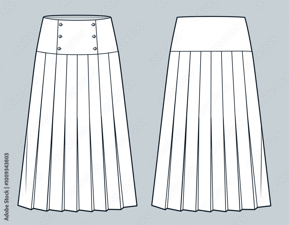 Pleated Skirt technical fashion illustration. Midi Skirt fashion flat ... Pleated Skirt technical fashion illustration. Midi Skirt fashion flat ...