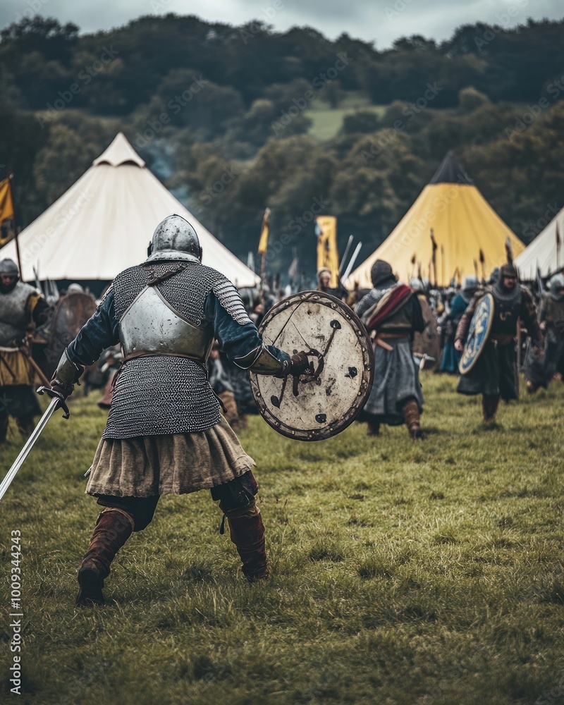 A medieval reenactment hobby scene with enthusiasts dressed in period ...