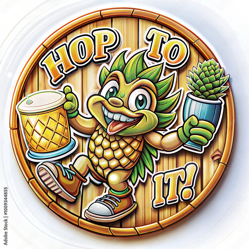 Sticker design, coaster design, "Hop to It!" Fun Beer Mascot Character ...