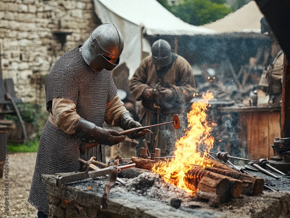 A detailed medieval reenactment setup with participants wearing ...