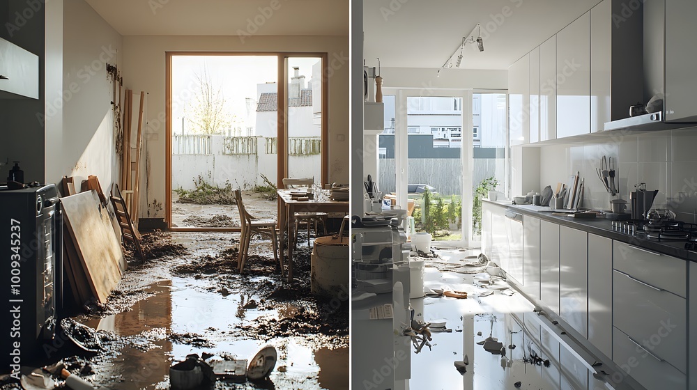 Before and after scene of a flooded kitchen, showing the contrast ...