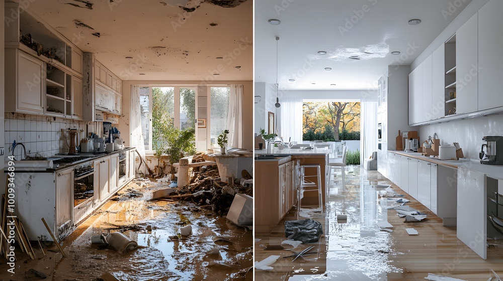 Before and after scene of a flooded kitchen, showing the contrast ...