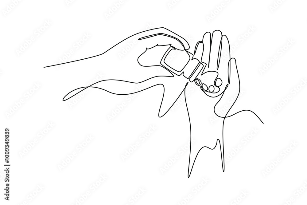 Single one line drawing of patient hand pouring supplement tablet or ...