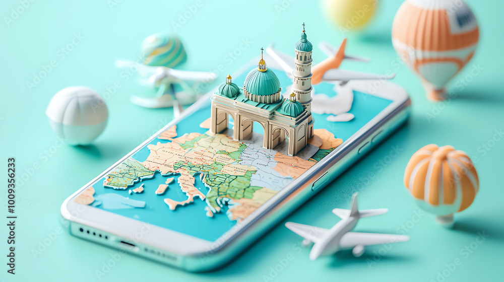 3D phone with a map of Europe, realistic elements of a plane and ...