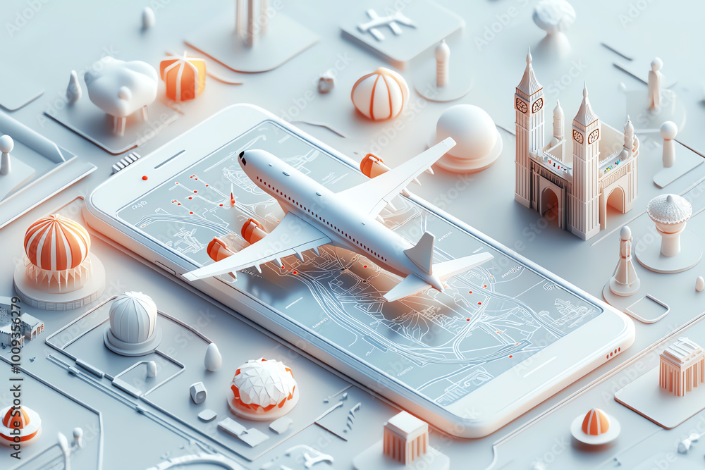 3D phone screen displaying a plane taking off, with floating maps and ...