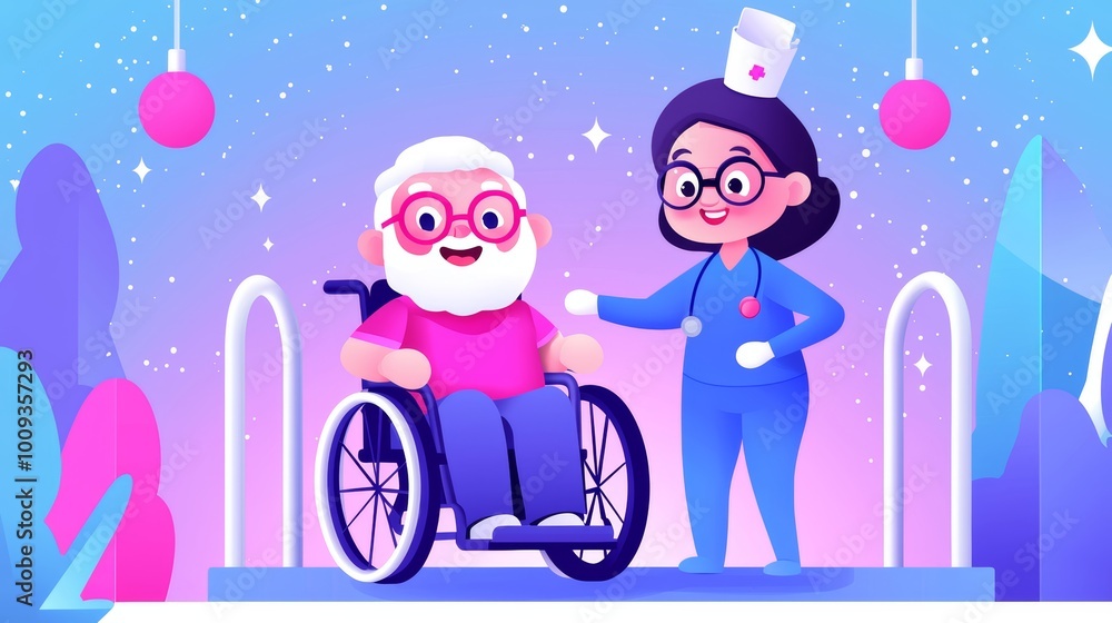 A cheerful nurse helping an elderly woman in a wheelchair with a book ...