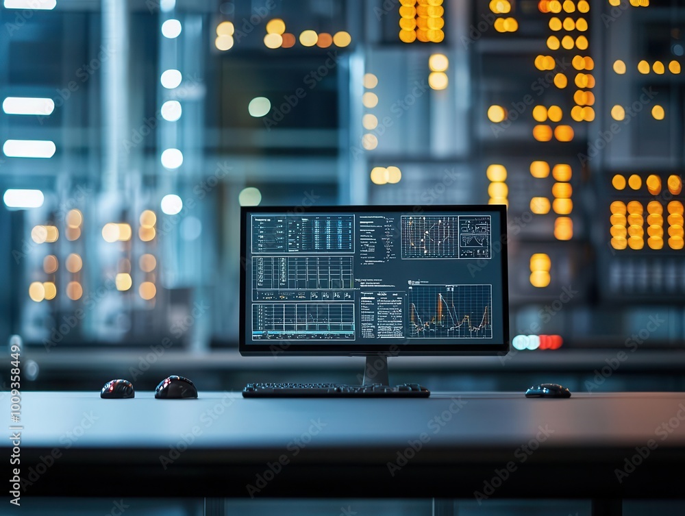 Wind turbines in the background of a smart grid control center ...