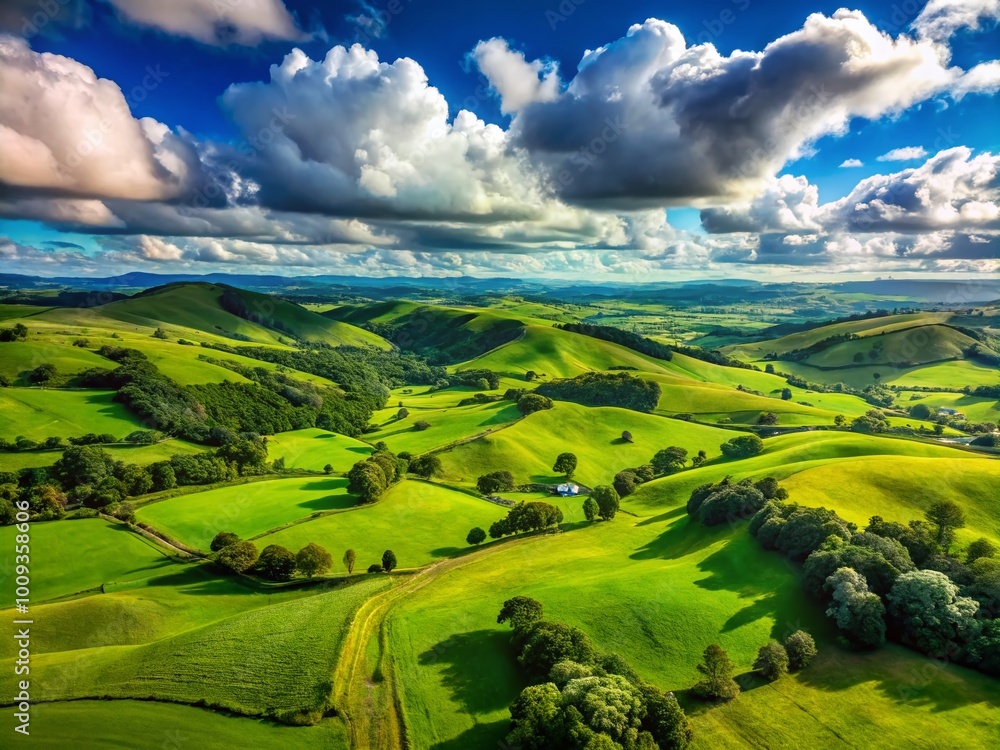 Lush Green Pastures Under Blue Sky with Fluffy Clouds and Rolling Hills ...