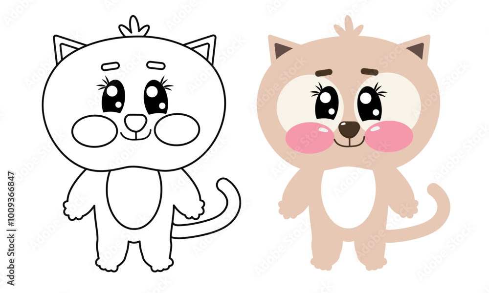 Cute kawaii doodle line drawing of cat full height. Coloring page ...