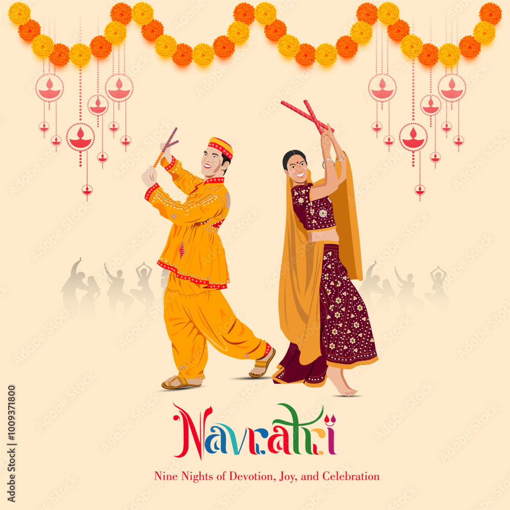 A couple dancing Dandiya Raas in traditional attire with festive ...