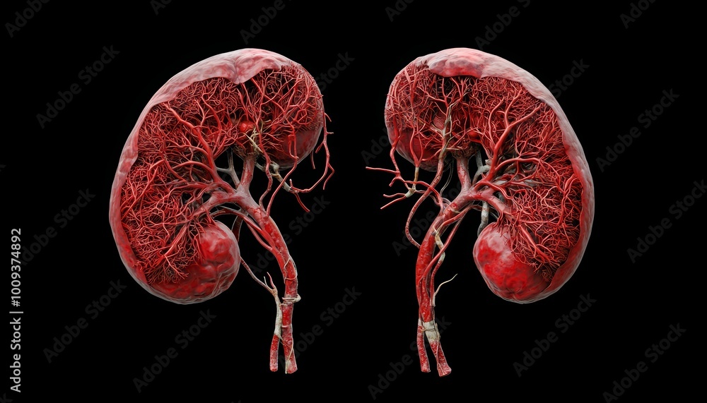 A 3D anatomical rendering of a pair of kidneys with their associated ...