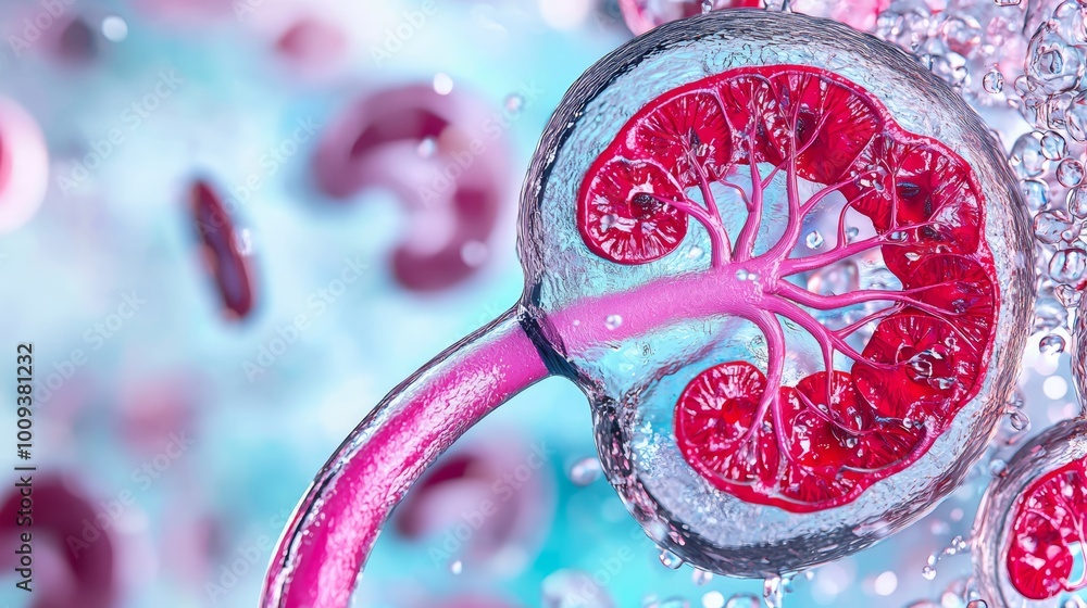 A cross-section of the kidney in 3D, with the renal artery, vein, and ...