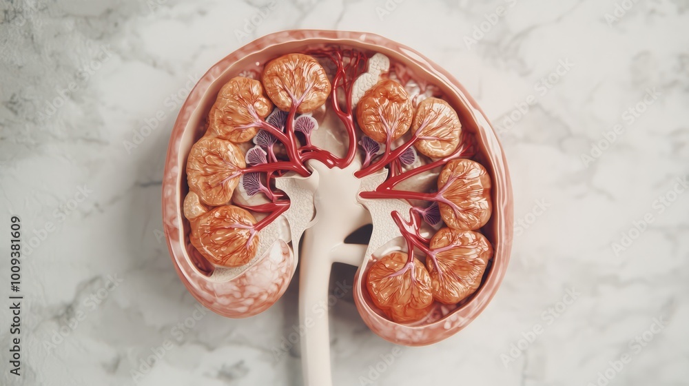A cross-sectional 3D diagram of the human kidney, highlighting the ...