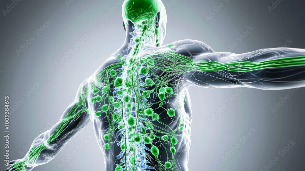 A detailed 3D diagram of the body's lymphatic vessels, showing how they ...