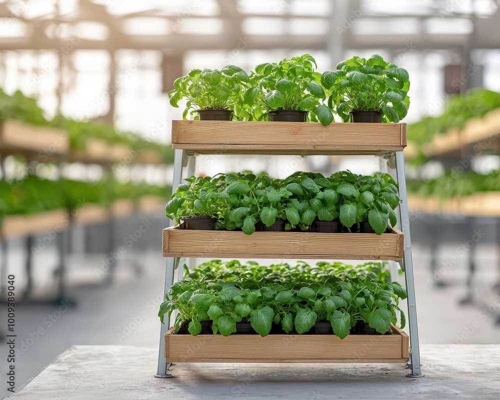 Multi-tiered trays with hydroponic plants inside a greenhouse ...