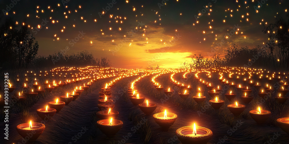 A Diwali festival of lights in India, with rows of glowing oil lamps ...