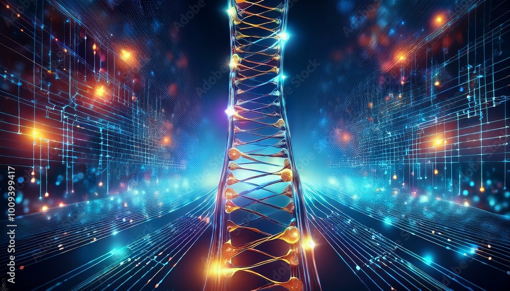 Complex digital data structure resembling DNA strands, with data nodes ...