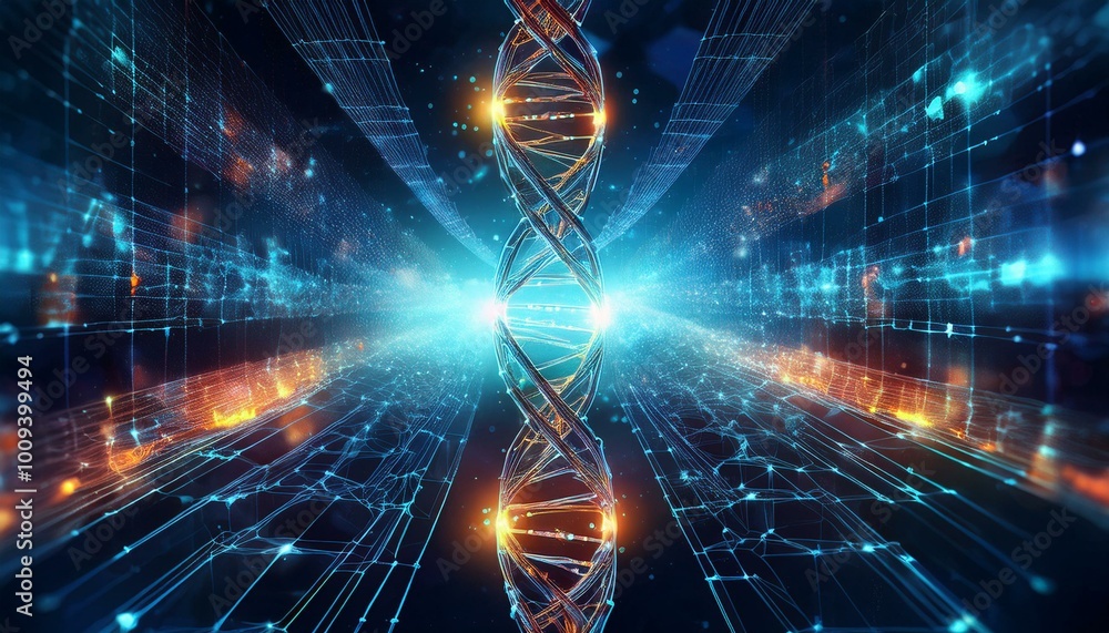 Complex digital data structure resembling DNA strands, with data nodes ...
