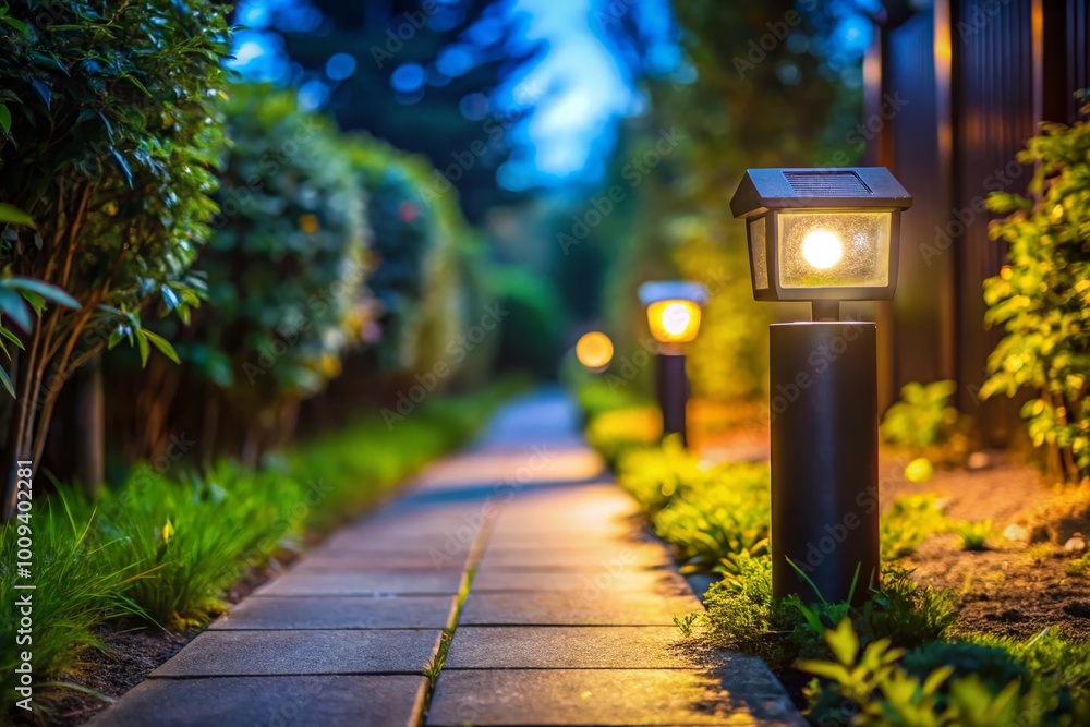 Modern Motion Sensor Light Illuminating a Pathway in a Dark Outdoor ...