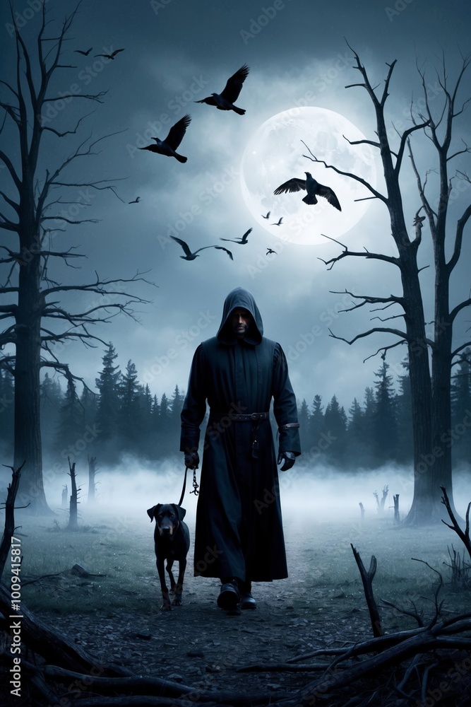 Illustration of a person in a black robe walking in the middle of a ...