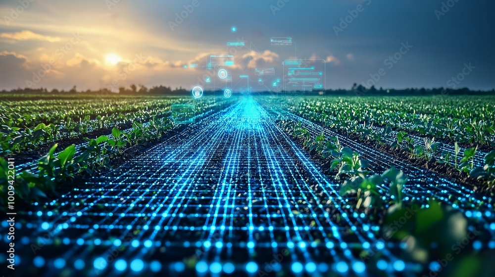 Digital icons connected over green rice fields, symbolizing smart ...