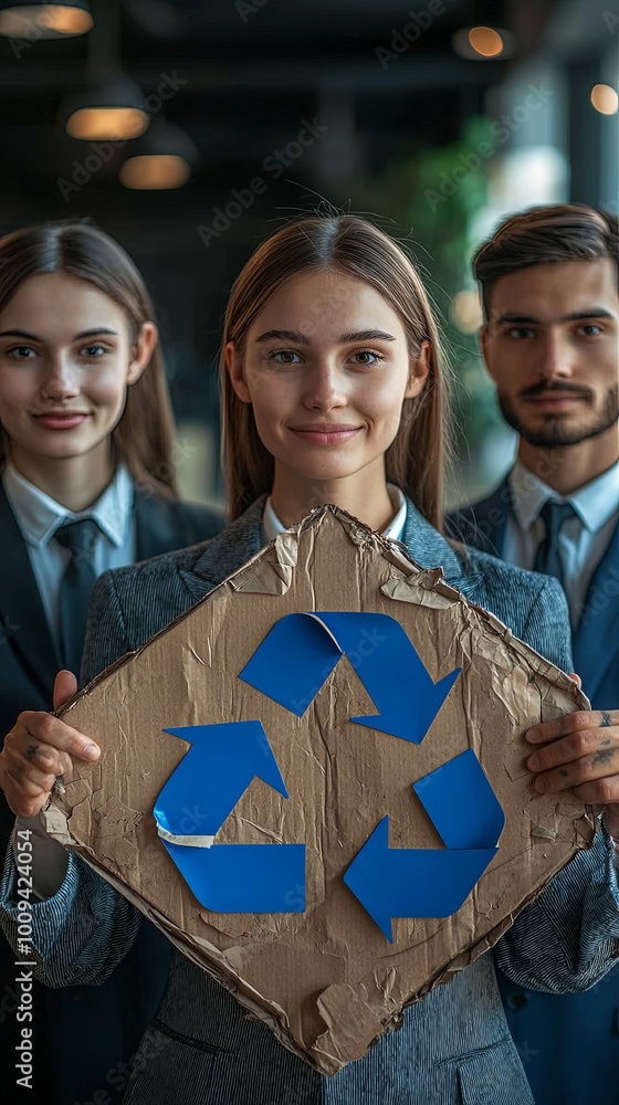 Three professionals pose confidently in suits holding a worn cardboard ...
