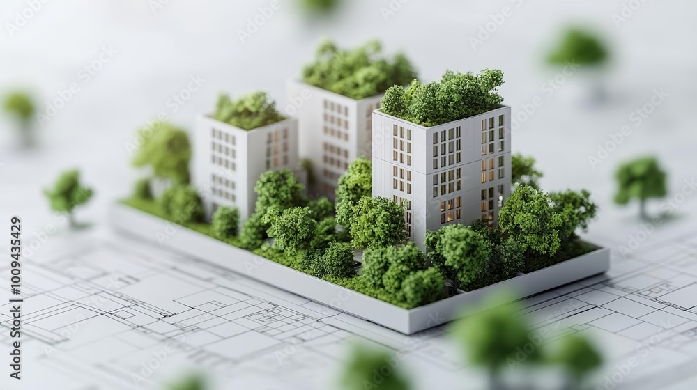 Innovative green building design displayed on blueprints, highlighting ...