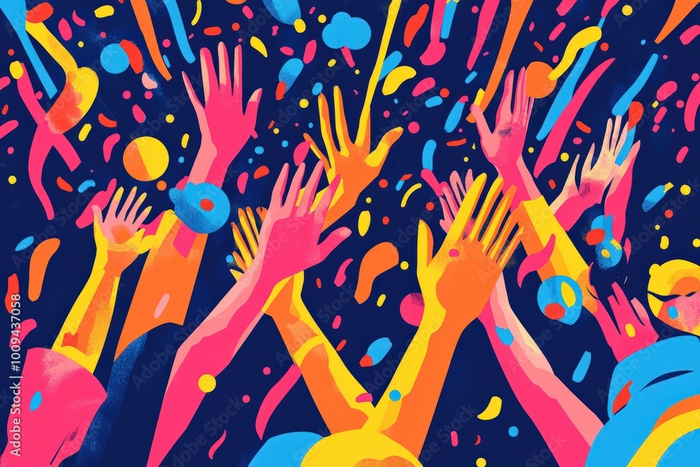 A lively illustration of hands clapping in a crowd, with bold colors ...