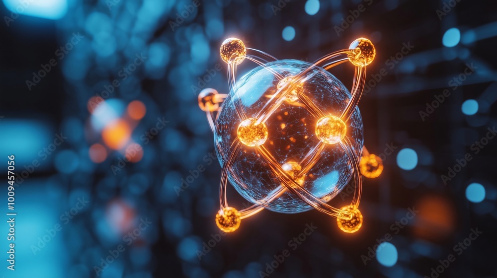 Atom model is rotating, its electrons connected by a network ...
