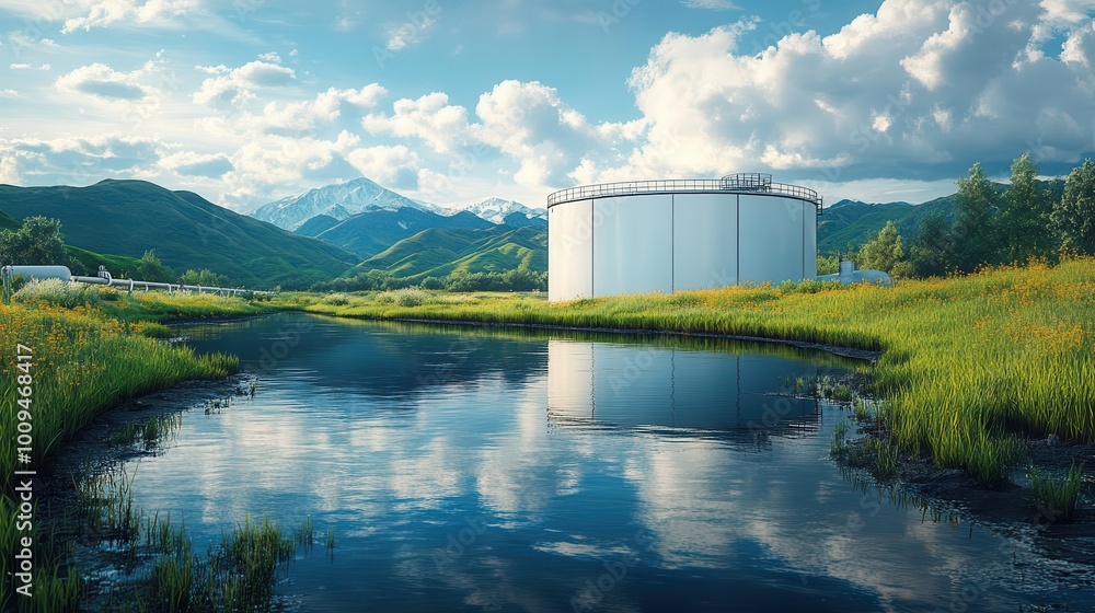 vector illustration of a large white water tank with a visible leak ...