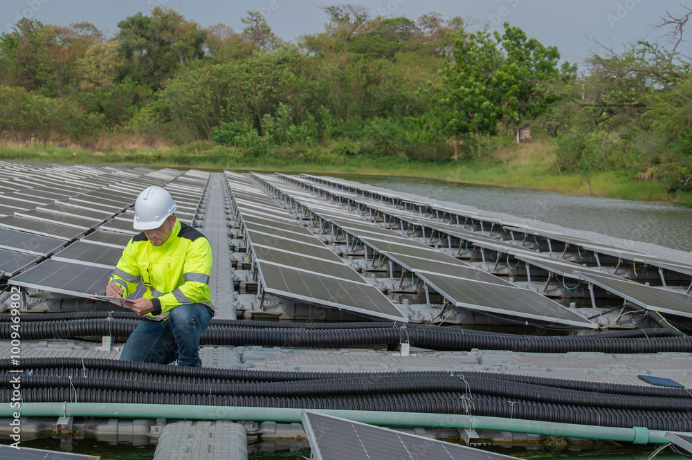 Engineer working at floating solar farm,checking and maintenance with ...