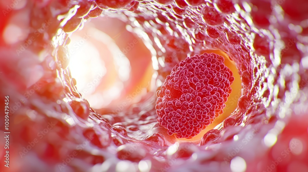 image depicts detailed illustration of blood cells within blood vessel ...