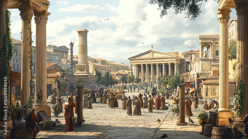 A bustling ancient city square filled with people, architectural ...