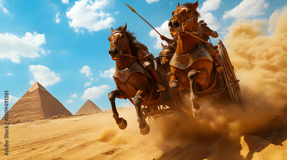 An Egyptian medjay, riding a chariot through the desert, his spear held ...