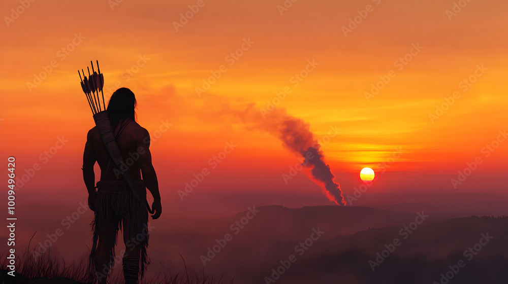 A Native American warrior, standing on a hilltop at sunset, his bow ...